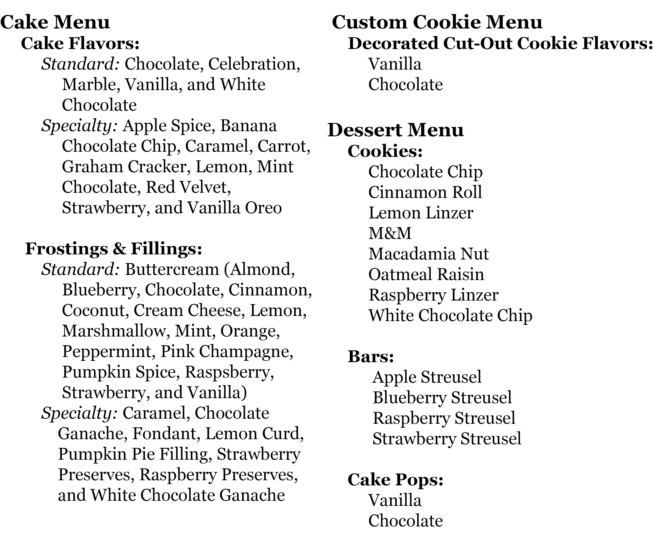 Bakery Menu – Melissa Flaherty Cakes